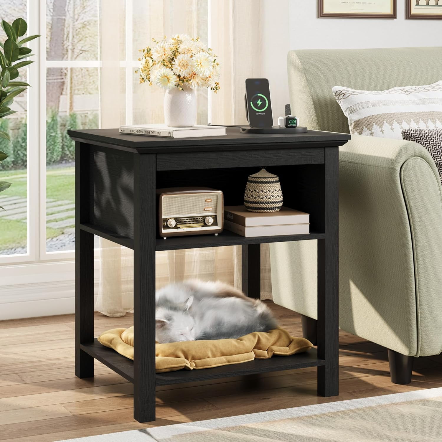 Rresyet Sliding Side Table with Charging Station, 21" Nightstand ...