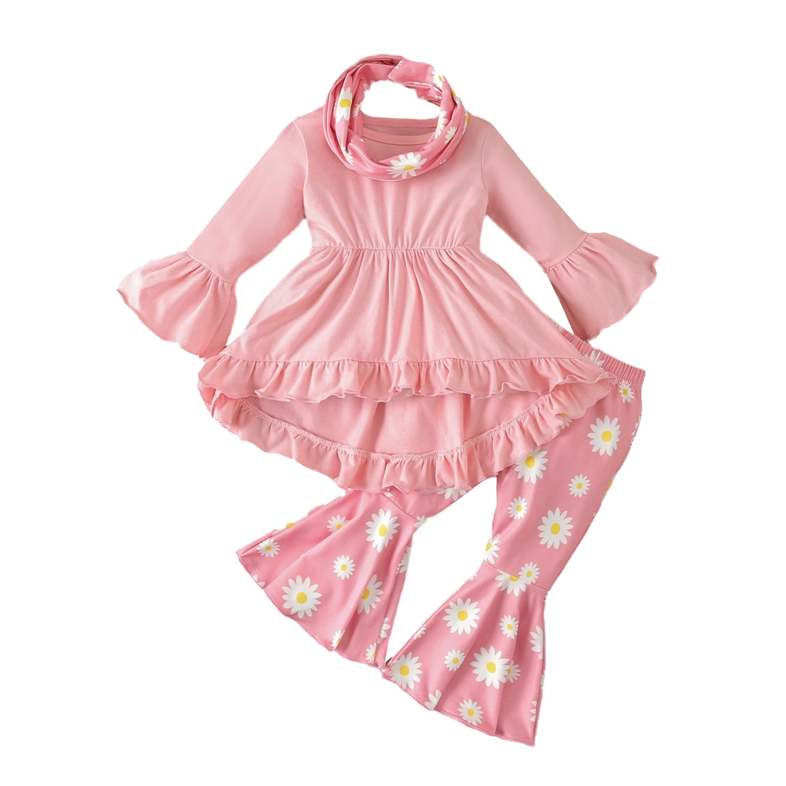 Rrunsv Girl Outfits Baby Long Sleeve Print Tops and Flared Pants 3pcs ...