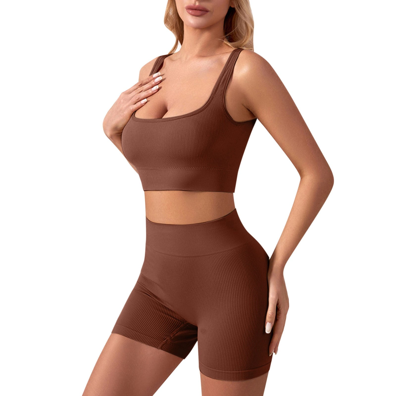 Rrunsv Women's Yoga Outfit Seamless Workout Set High Waist Exercise Short Pants with Sport Bra ...