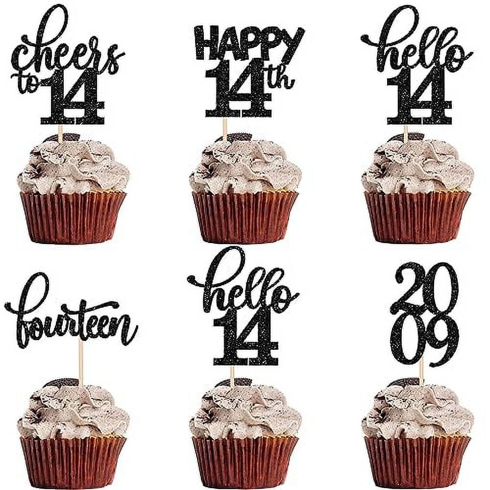 Rsstarxi 30 Pack 14th Birthday Cupcake Toppers Glitter Hello 14 Cheers ...