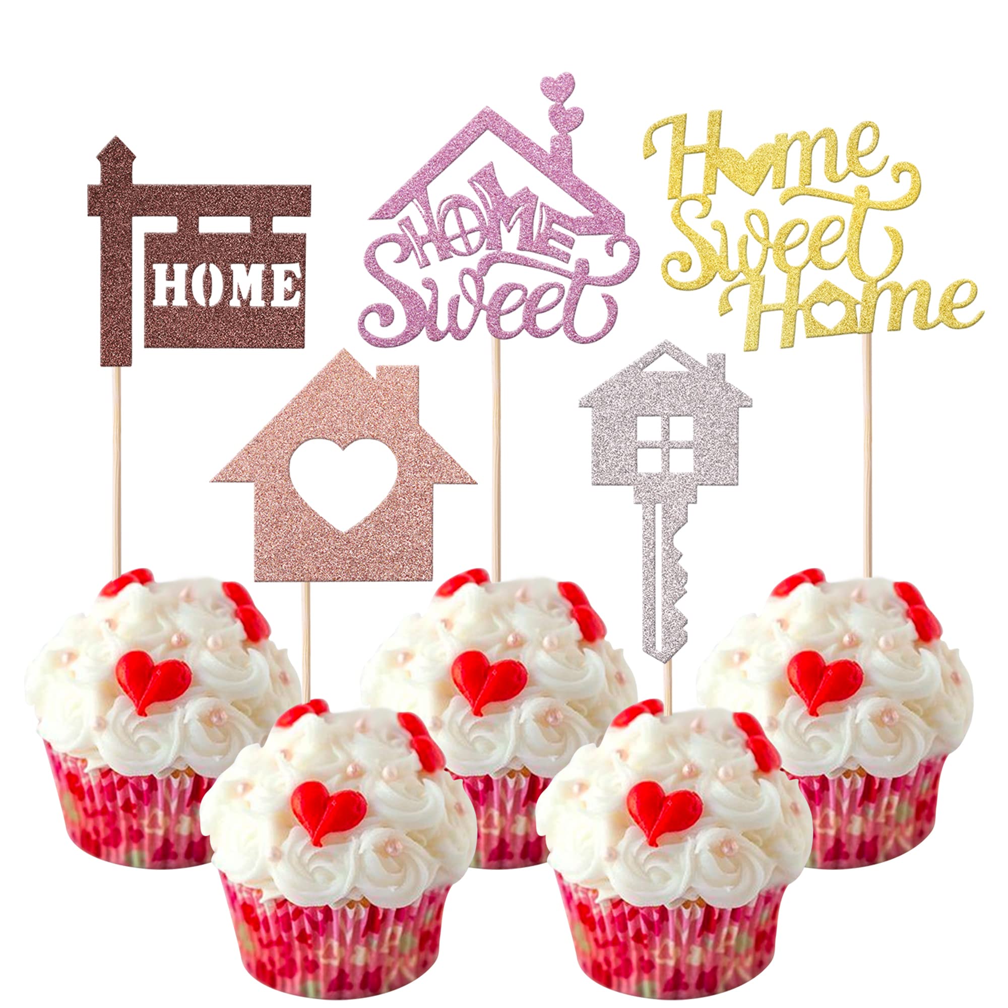Rsstarxi 30 Pack Sweet Home Cupcake Toppers Glitter Key Housewarming ...