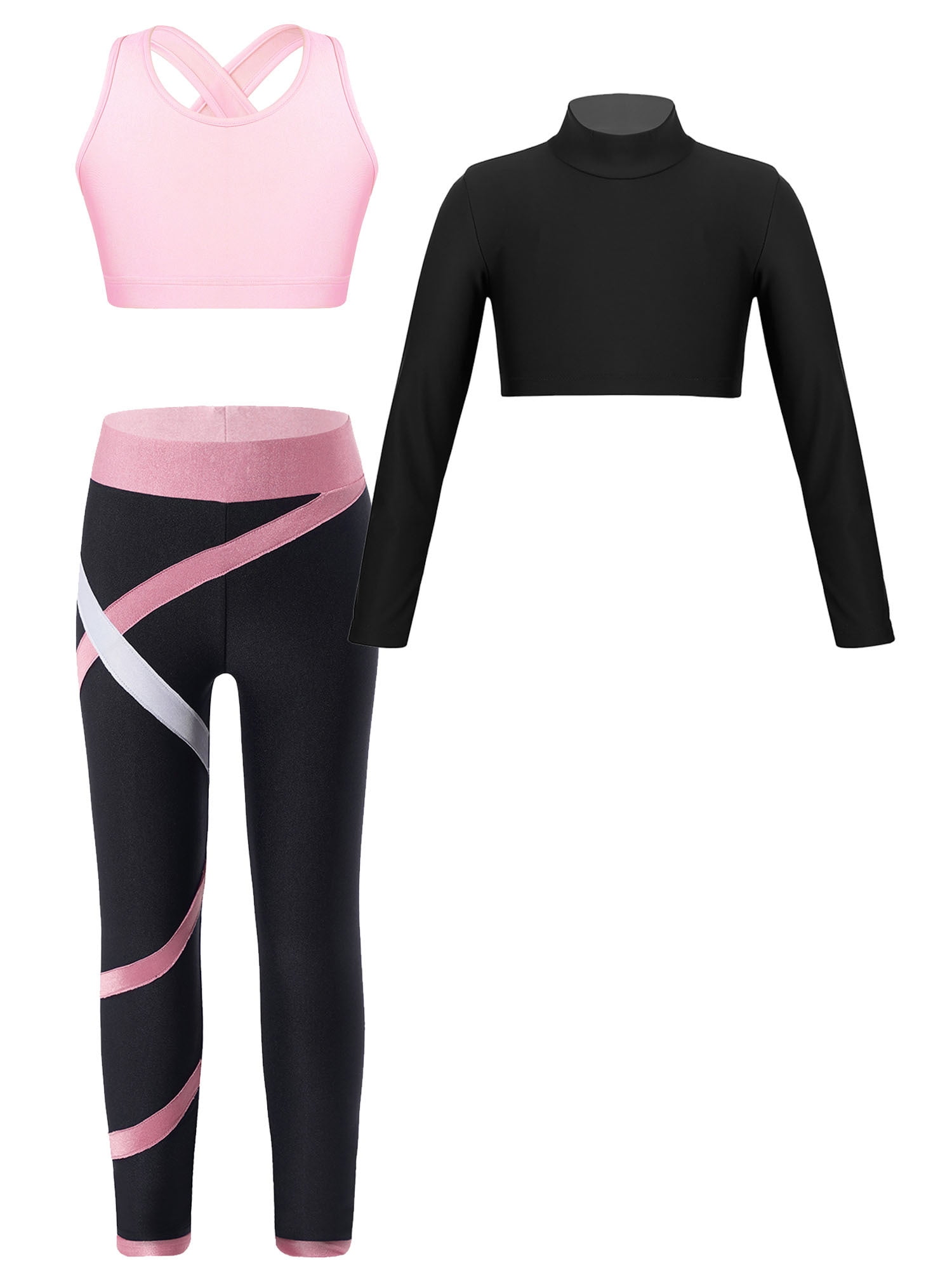 Rswnyirn Girls 3Pcs Dance Gymnastic Sports Outfit Long Sleeve Crop Top ...