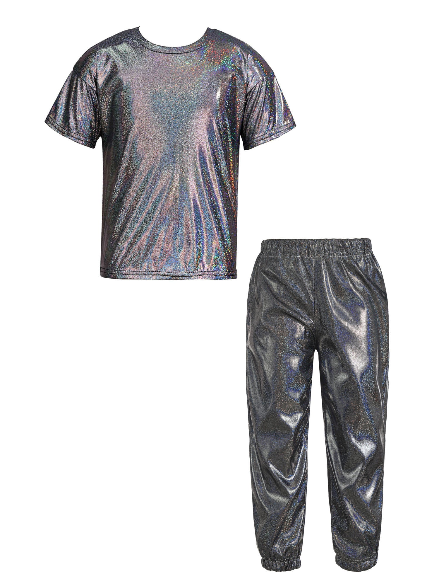 Rswnyirn Kids 2 Piece Shiny Metallic Dance Costume Jazz Hip-hop Dance ...