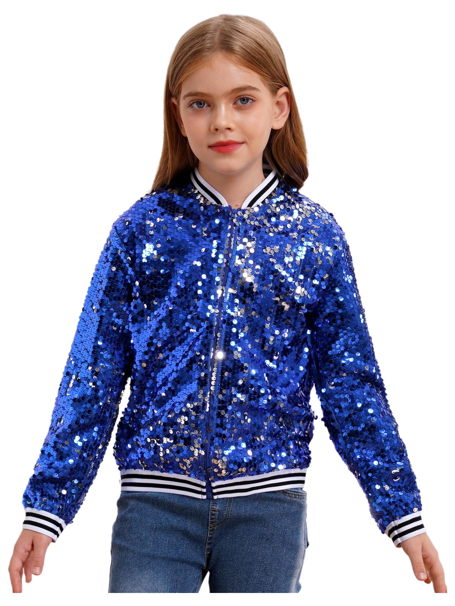 Rswnyirn Kids Girls Sequin Bomber Jacket Sparkle Long Sleeve Zipper ...
