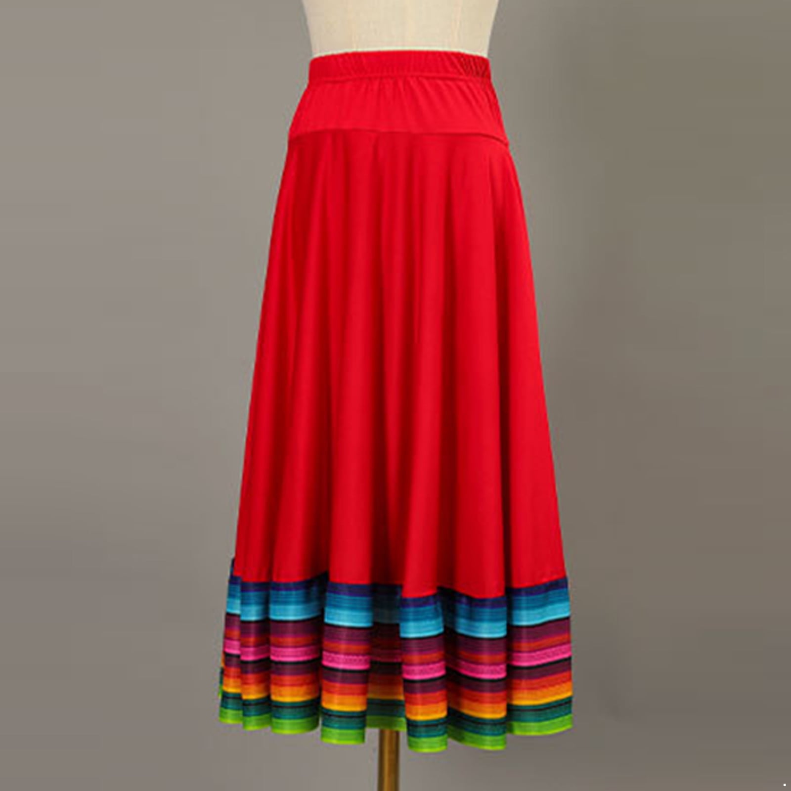 Rswnyirn Women's Spanish Colorful Stripe Hem Skirts Folklorico Dance ...