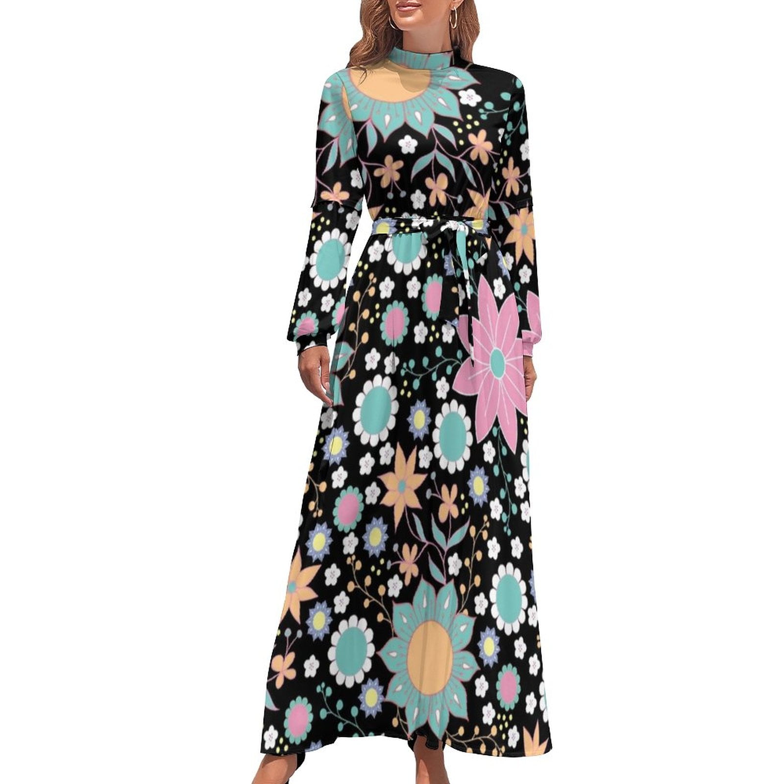 Rsychedelic Flower Power Dress Long Sleeve Retro 60s Print Sexy Maxi ...