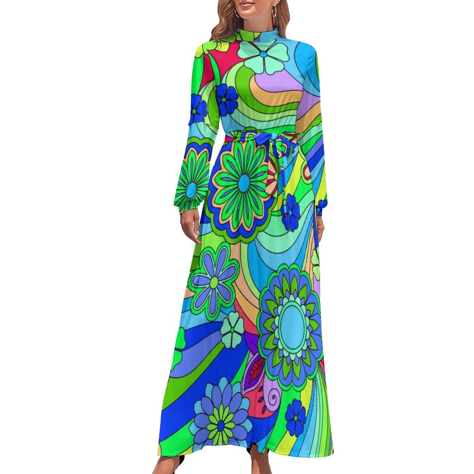Rsychedelic Flower Power Dress Long Sleeve Retro 60s Print Sexy Maxi ...