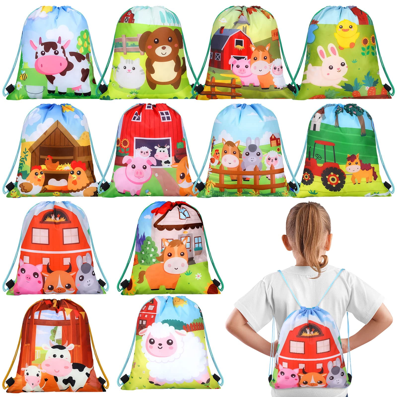 Rtteri 24 Pack Farm TSF6 Drawstring Bags 12 x Farm Animal Party Favor ...