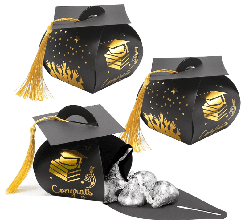 RuWeoMaa 50 Pcs Graduation Gift Boxes Black Gold Graduation Cap Candy ...