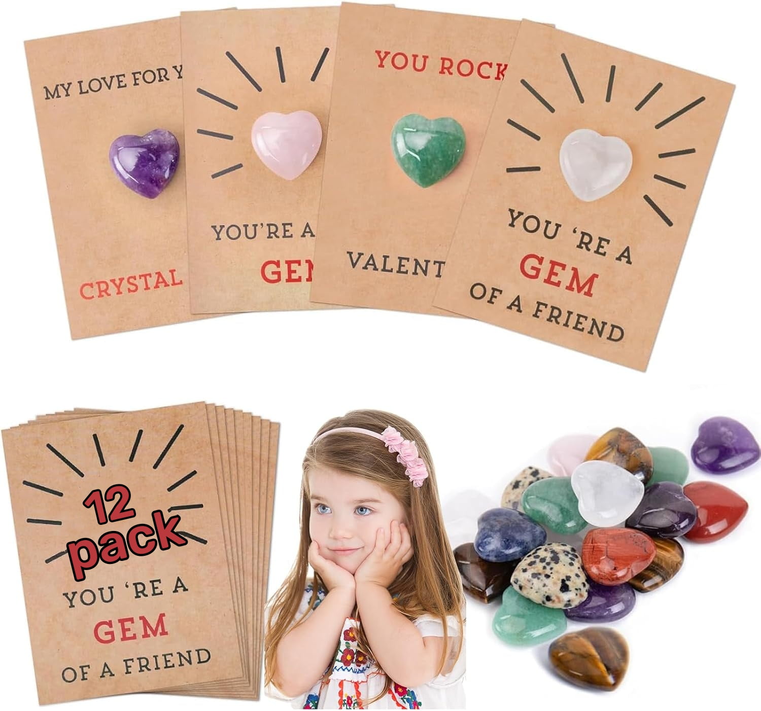RuWeoMaa Valentines Day Cards for Kids School Gems, 12 Pack Valentine's ...