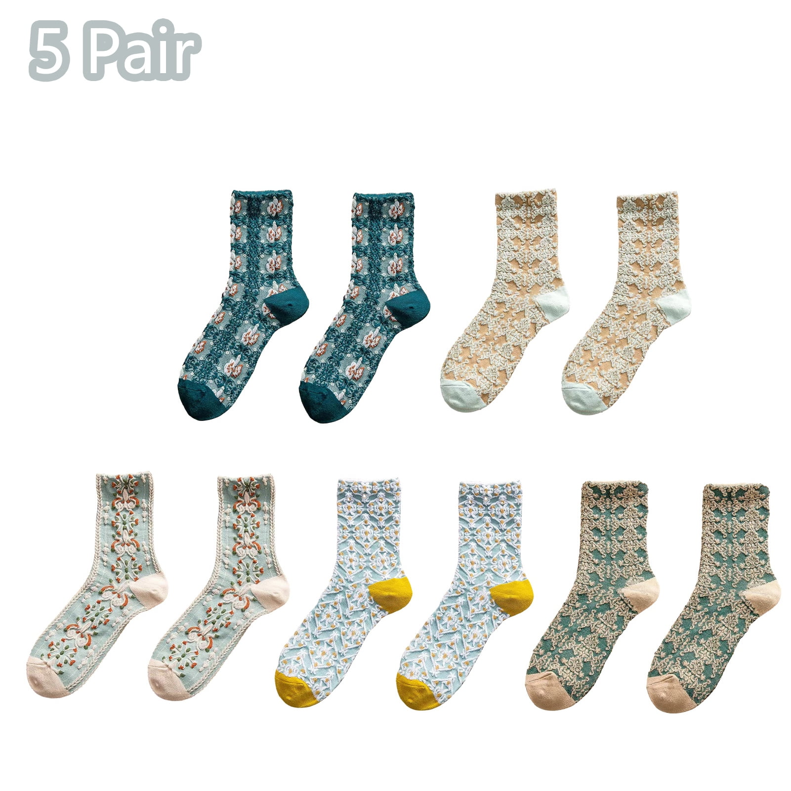 Ruanlalo 5 Pair Women Autumn Winter Tube Socks Retro Palace Style Embossed Jacquard Design ...