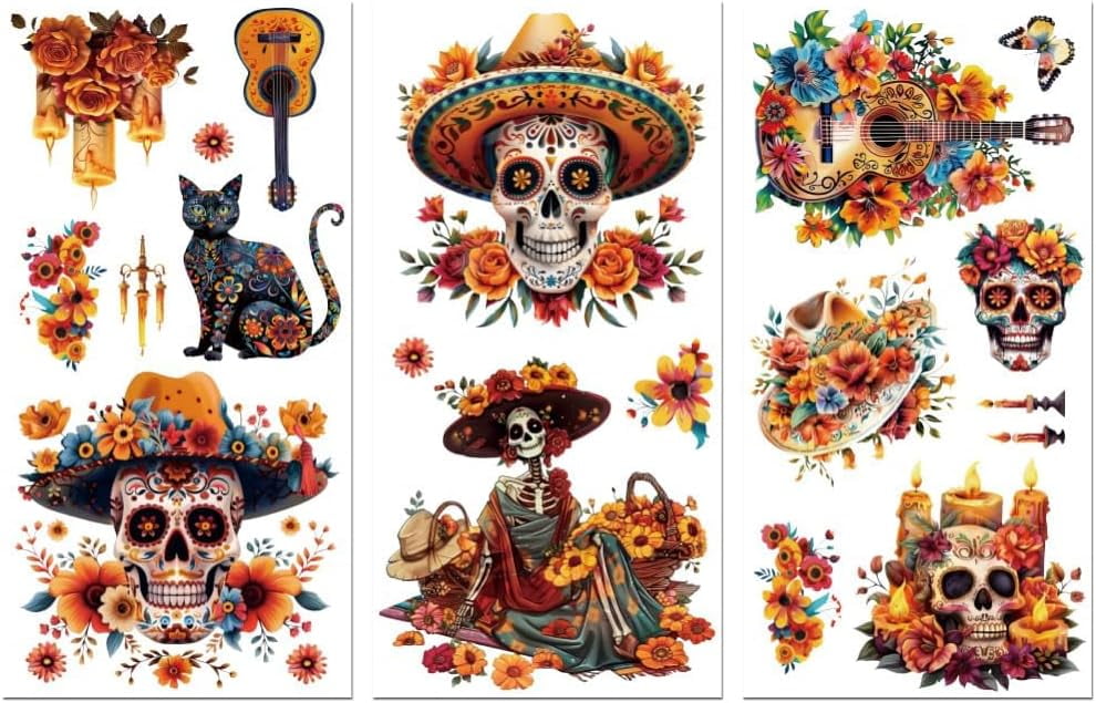 Rub on Transfer Decal for Furniture Craft Decor Skeleton Skull 6"x12" 3Pcs Day of the Dead ...