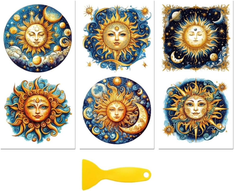 Rub on Transfer Decal Sticker for Furniture Craft Decor 6"x12" Celestial Sun 3Pcs Waterproof UV ...