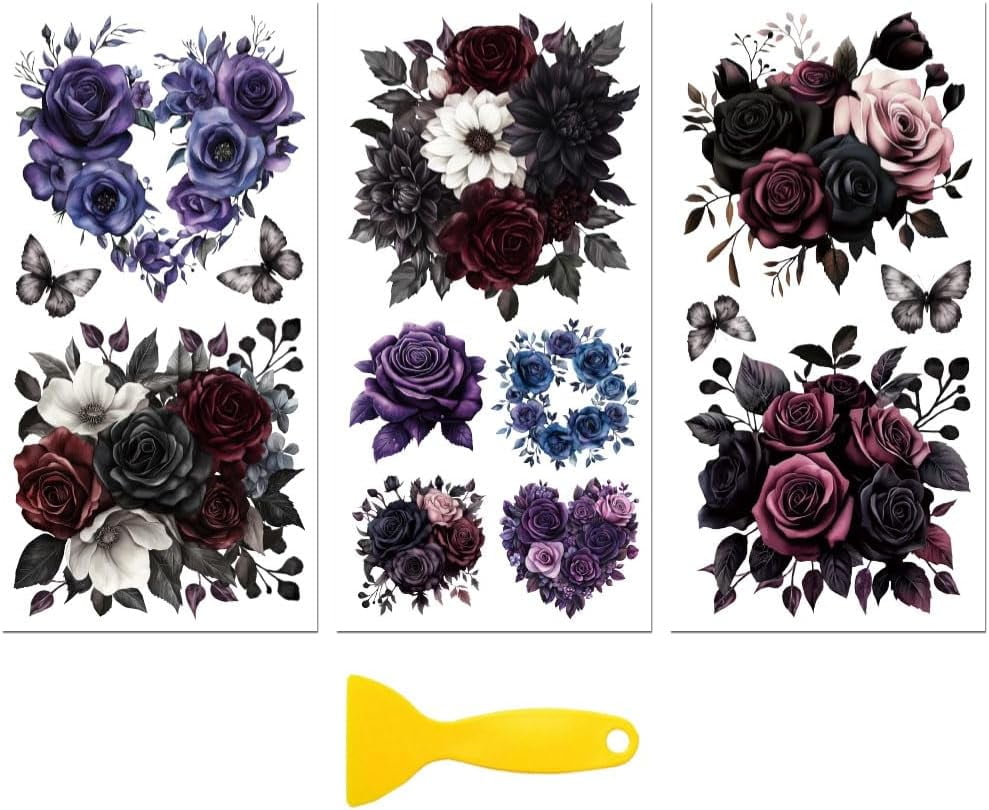 Rub on Transfer Decal Sticker for Furniture Craft Decor 6"x12" Gothic Style Flowers 3Pcs ...