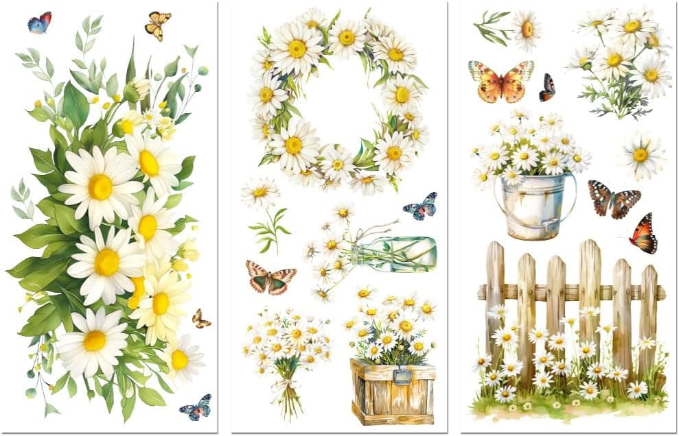 Rub on Transfer Decals for Furniture Crafts Decor 6"x12" 3Pcs Daisy and ...
