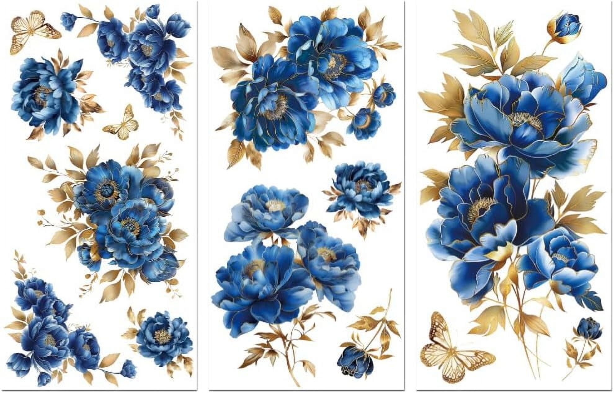 Rub on Transfer Sticker for Furniture Crafts Decor 6"x12" Blue and Gold Peonies Flowers 3Pcs ...