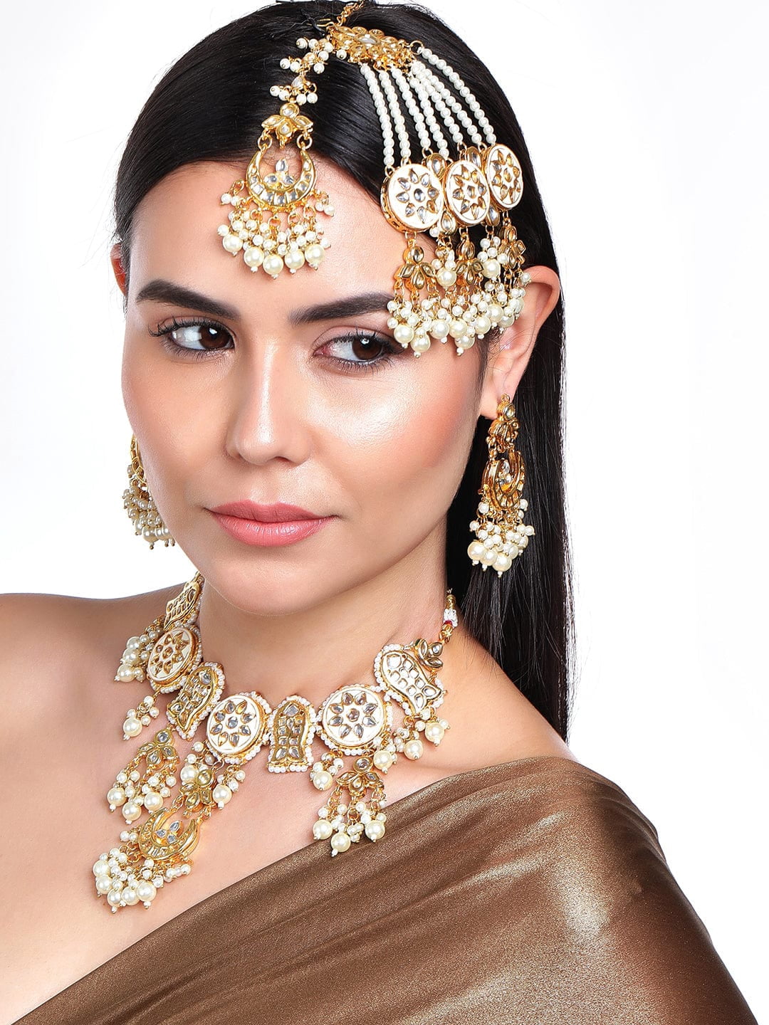 Rubans Exquisite 22k Gold Plated Kundan Choker Set in Cream Colour with ...