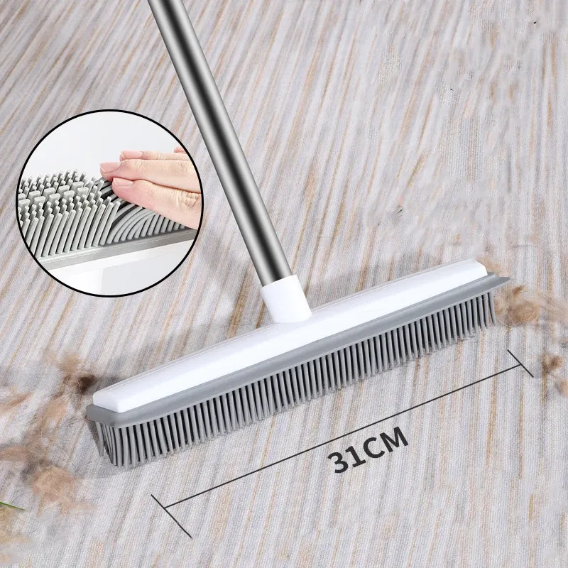 Rubber Broom Carpet Rake with Squeegee Long Handle for Pet Hair Fur ...