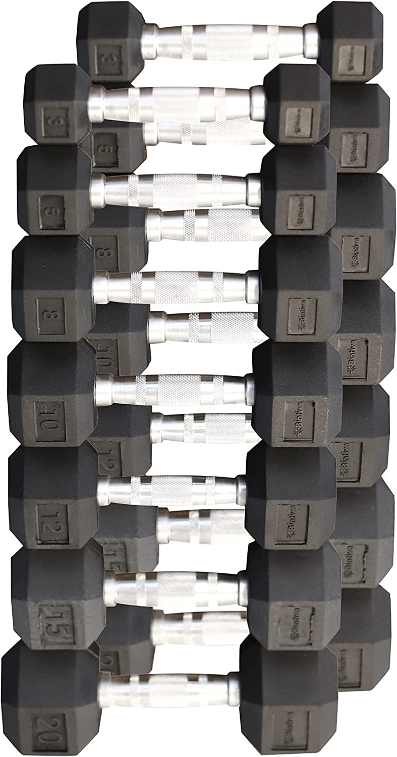 Bintiva Rubber Coated Hexagon Dumbbells - Iron Core, Chrome Handles ...