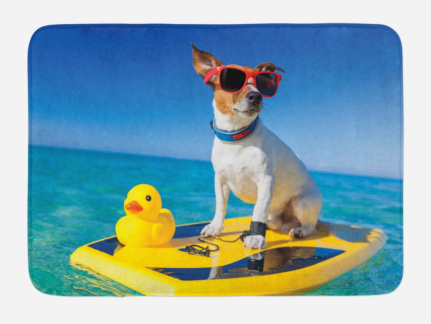 Rubber Duck Bath Mat, Dog with Sunglasses and Rubber Duck on Surfboard ...