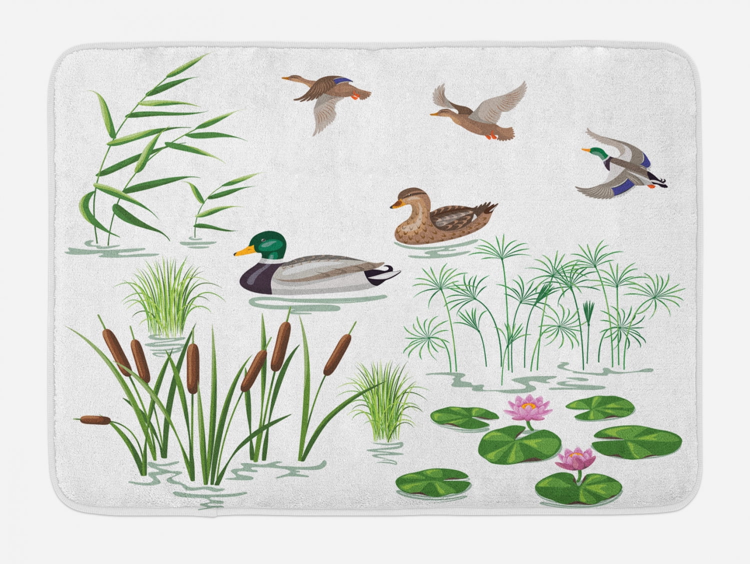 Rubber Duck Bath Mat, Lake Animals and Plants with Lily Flowers Reeds ...