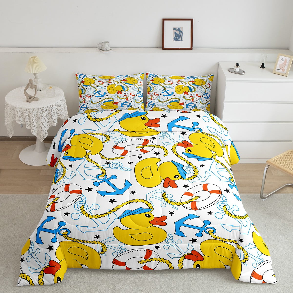 Rubber Duck Bedding Set Queen, Nautical Anchor Comforter Set for Kids ...