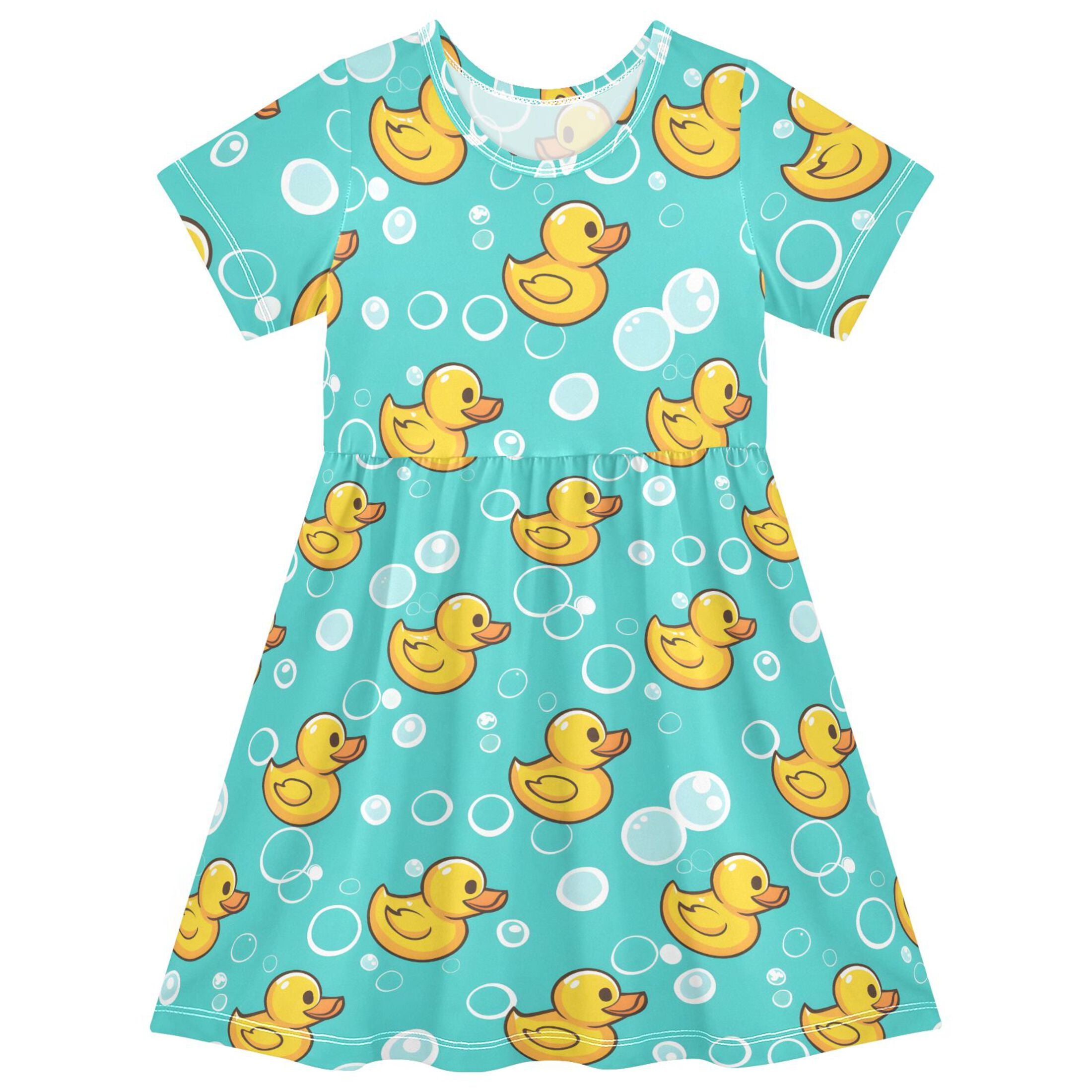 Rubber Duck Bubbles Pattern Short Sleeve Dress A-Line Cute Midi Casual ...