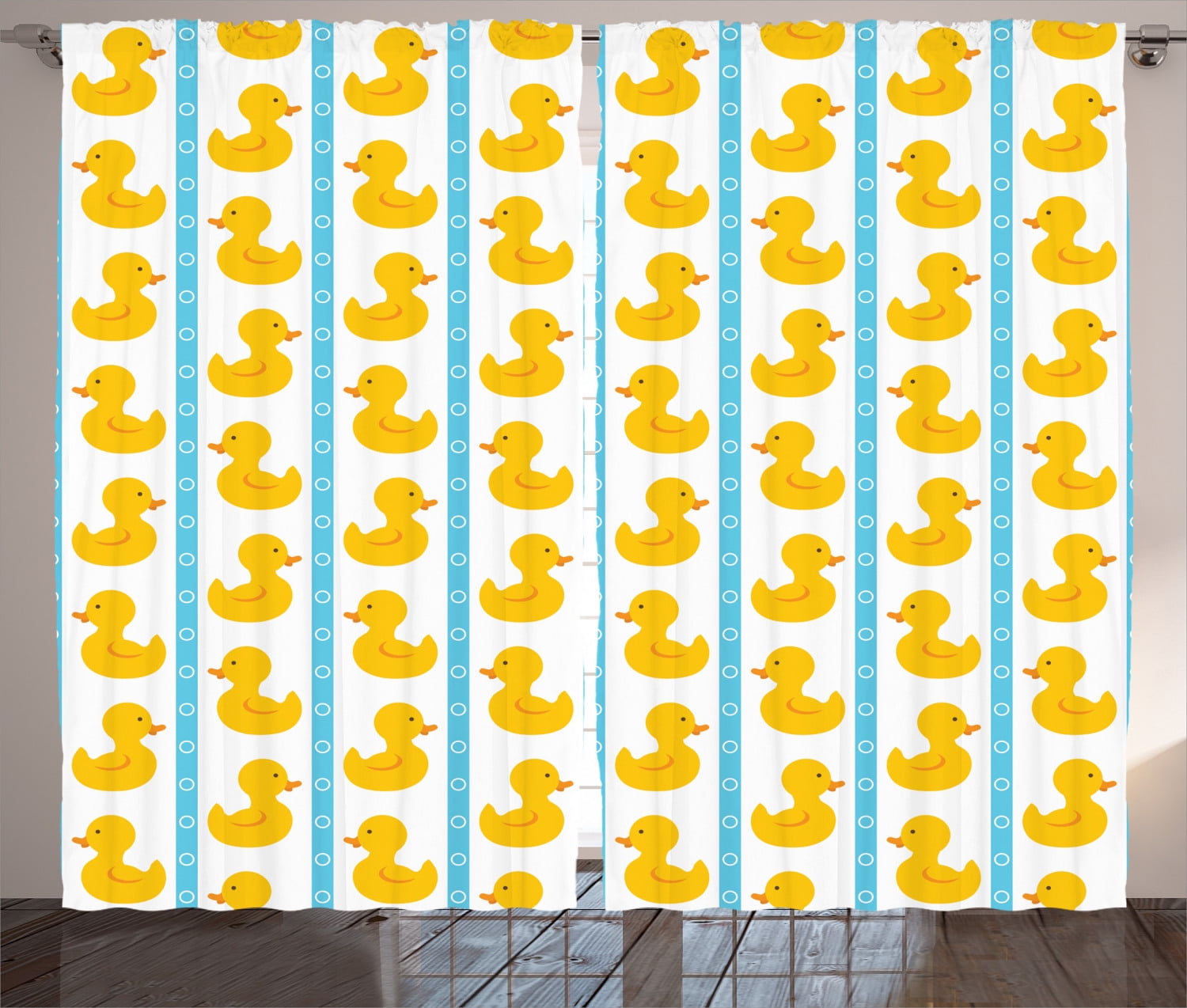 Ambesonne Rubber Duck Curtains 2 Panel Set Blue Stripes 108 X 90