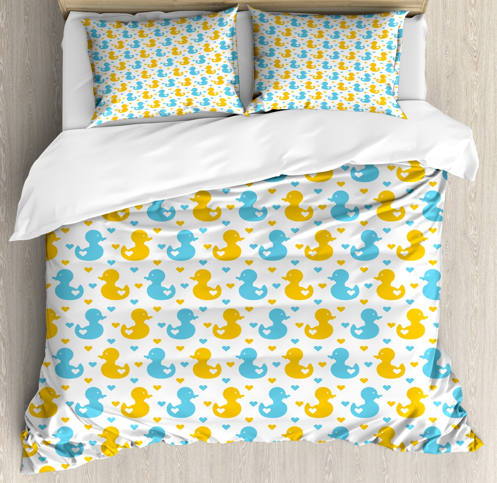 Rubber Duck Duvet Cover Set, Ducklings Pattern with Little Hearts Love ...