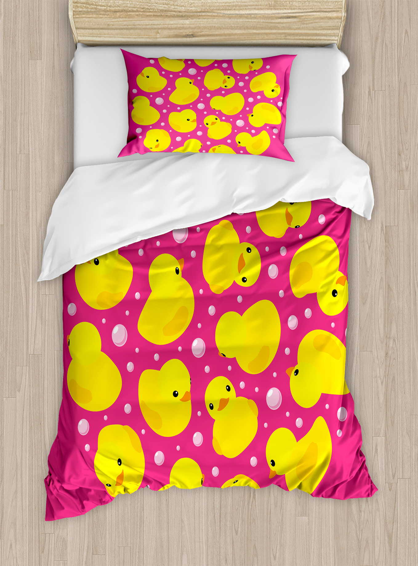 Rubber Duck Duvet Cover Set, Fun Duckies Circle Pattern Bath Bubbles ...