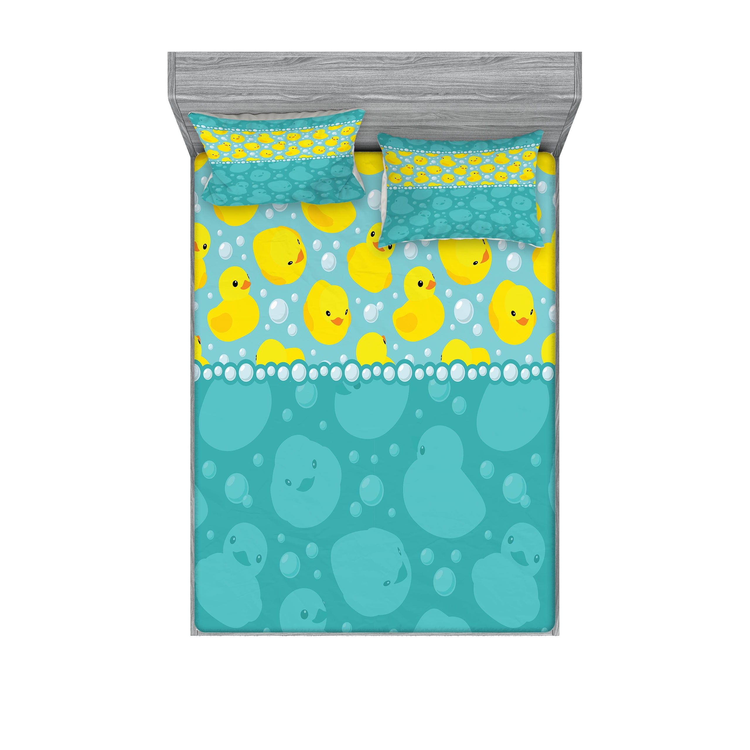 Rubber Duck Fitted Sheet & Pillow Sham Set, Cartoon Style Duckies ...
