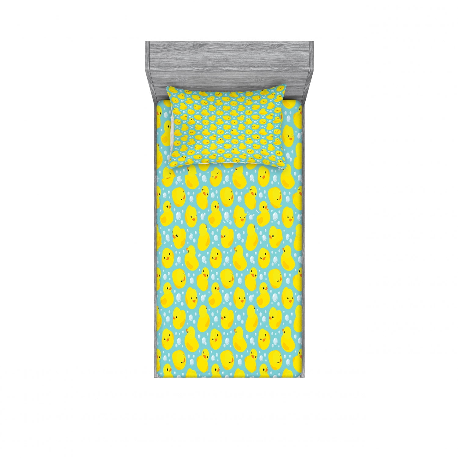 Rubber Duck Fitted Sheet & Pillow Sham Set, Rubber Ducks on Water ...