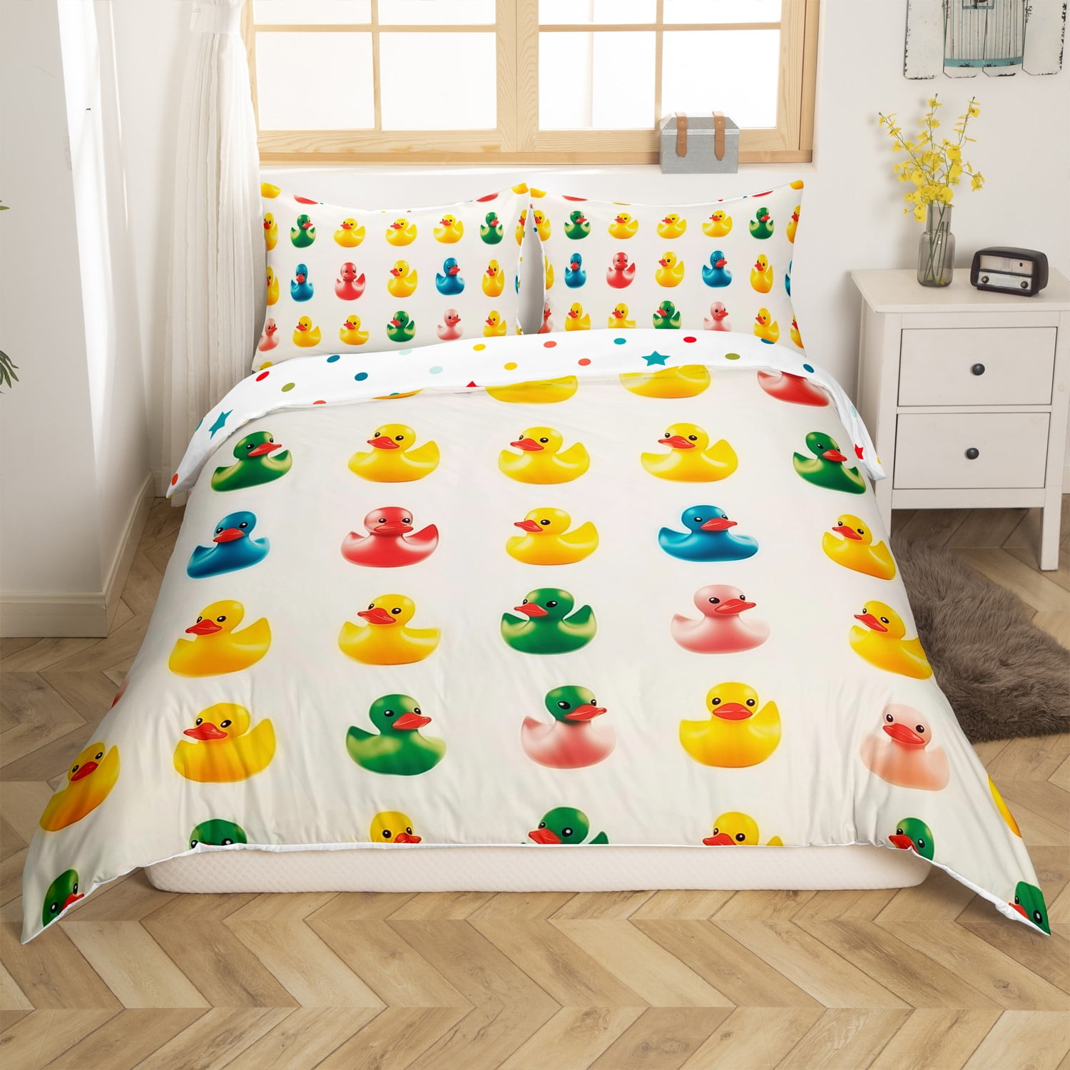 Rubber Duck Print Bedding Set,Yellow Squeak Ducky Toy Duvet Cover Full ...