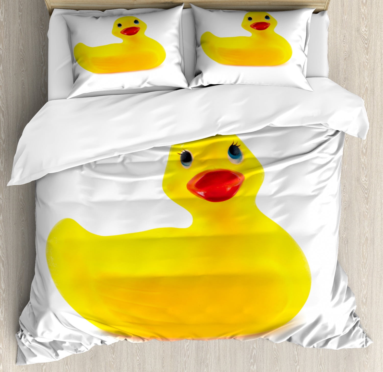 Rubber Duck Queen Size Duvet Cover Set, Yellow Squeak Ducky Toy Fun ...