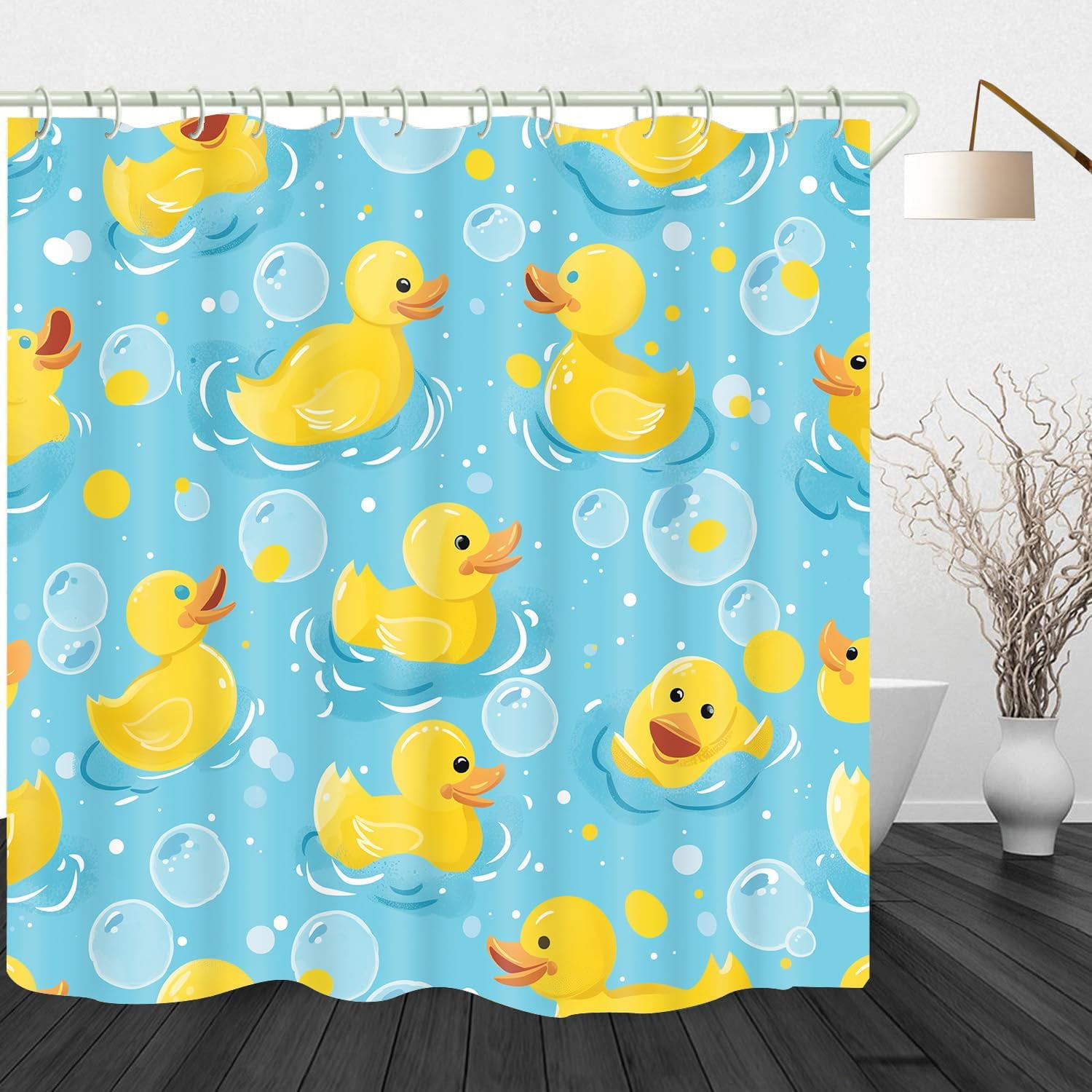 Rubber Duck Shower Curtain Soap Bubble on Blue Polyester Stall Curtains ...