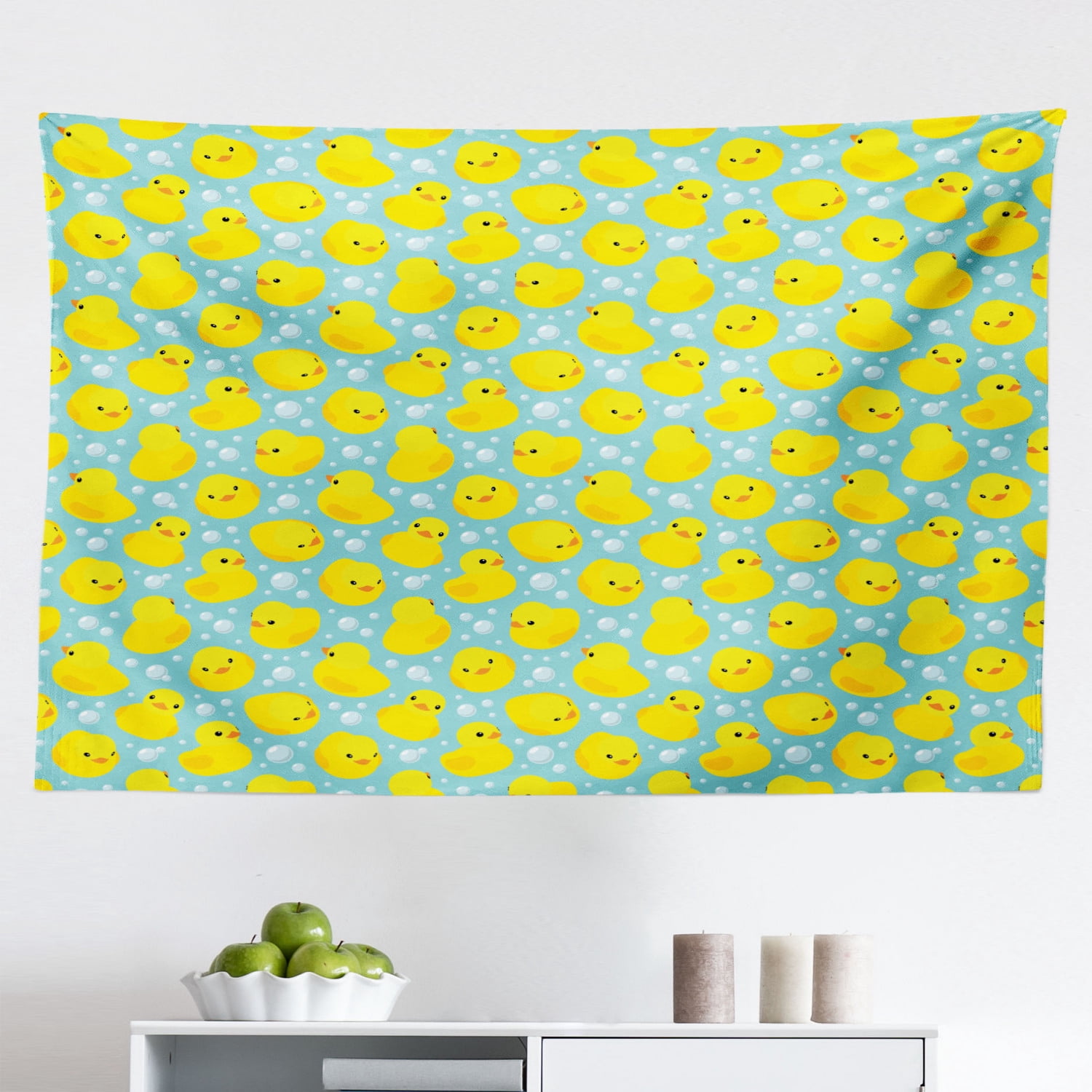 Rubber Duck Tapestry, Cartoon Style Duckies Swimming in Water Pattern ...