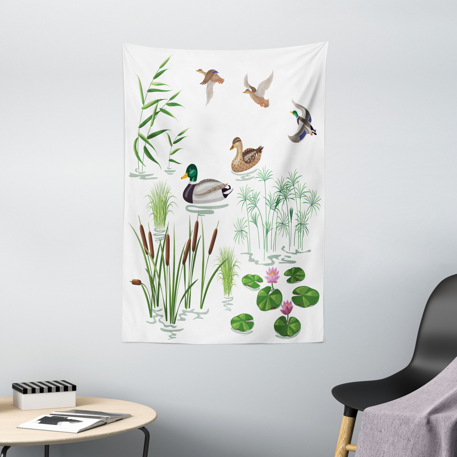 Rubber Duck Tapestry, Lake Animals and Plants with Lily Flowers Reeds ...