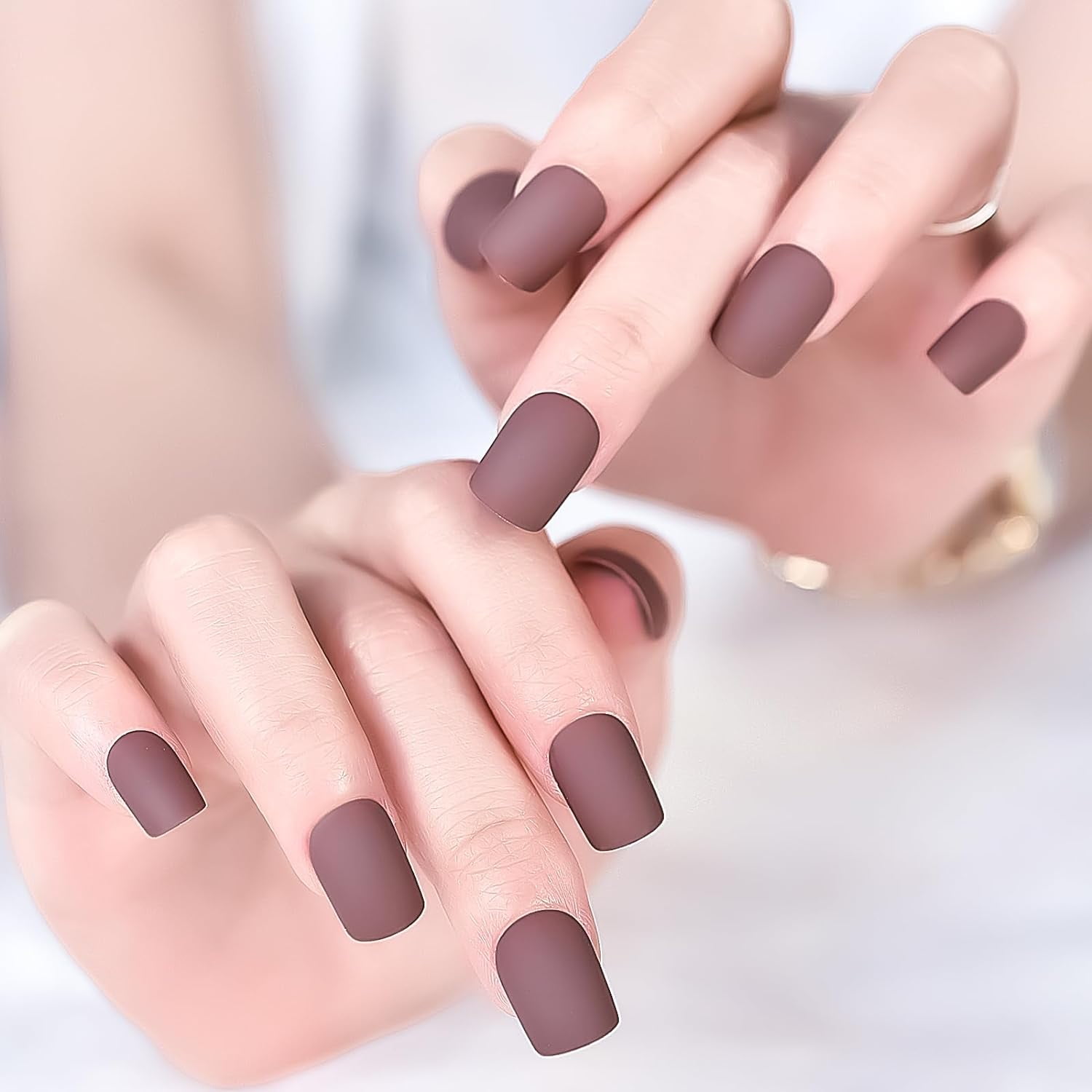 Rubber Matte Brown Press On Nails Square Medium Length Fake Nails Women ...