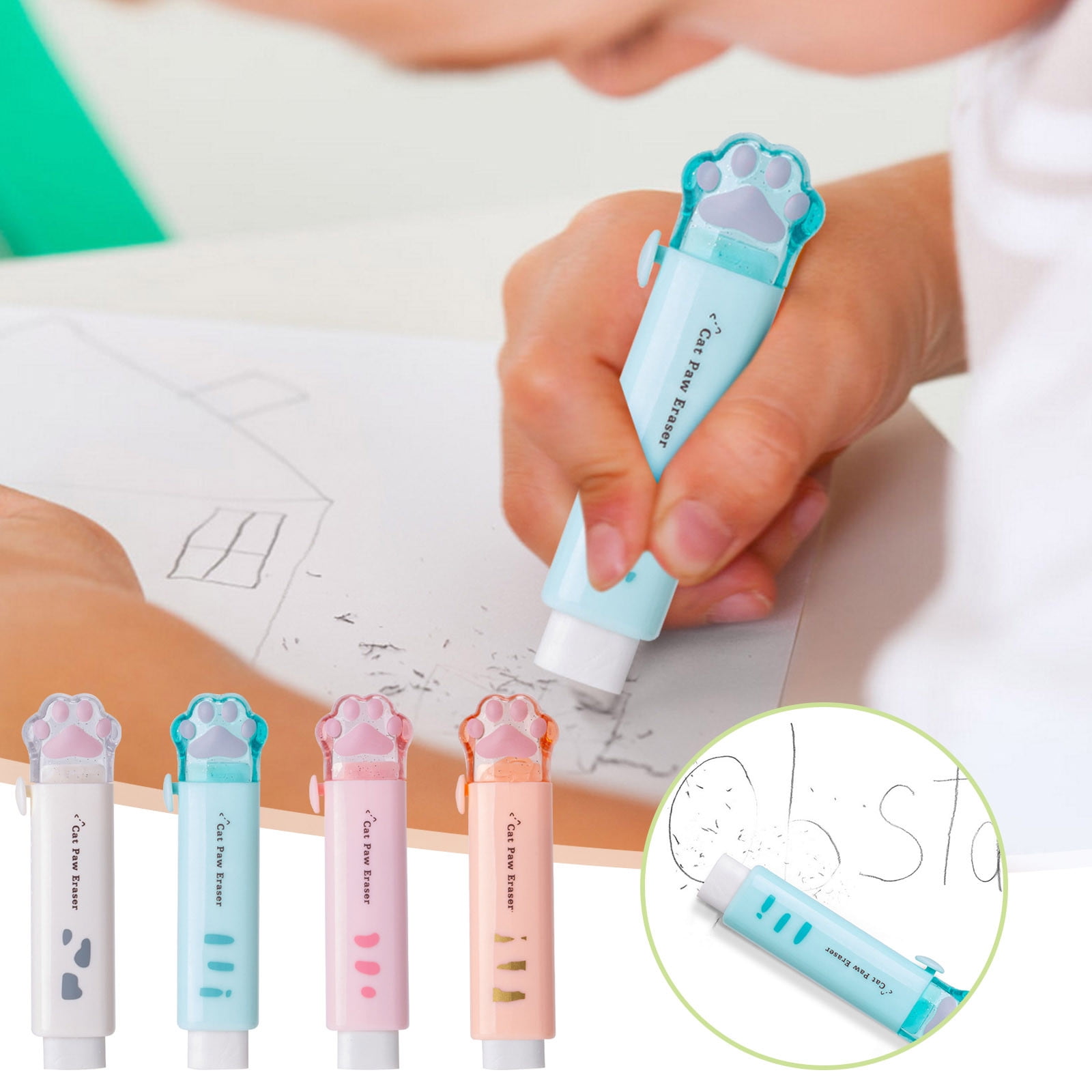 Rubber Pencil Eraser Set | Cute Cat Paw Shape Stationery | Sliding ...