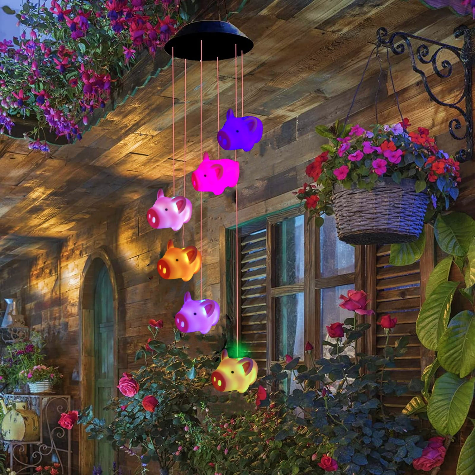 Rubber Pink Pig Wind Chime Light, Solar Powered LED Waterproof Color ...