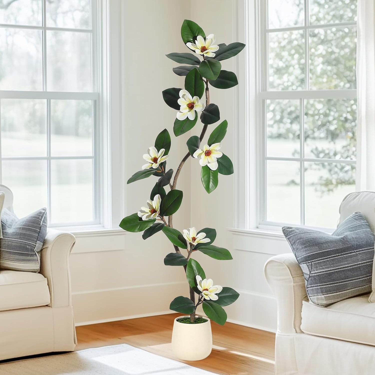 Rubber Tree 5/6/7FT Artificial Tree in White Planter Pot,Faux Plants ...