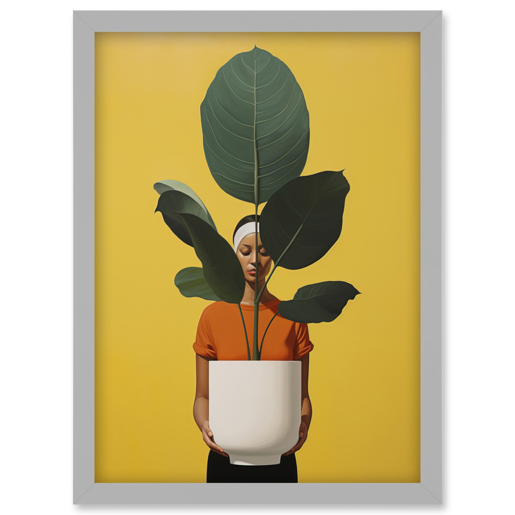 Rubber Tree Showcase Realistic Oil Painting Yellow Orange Green Woman with Plant Pot Minimalist ...