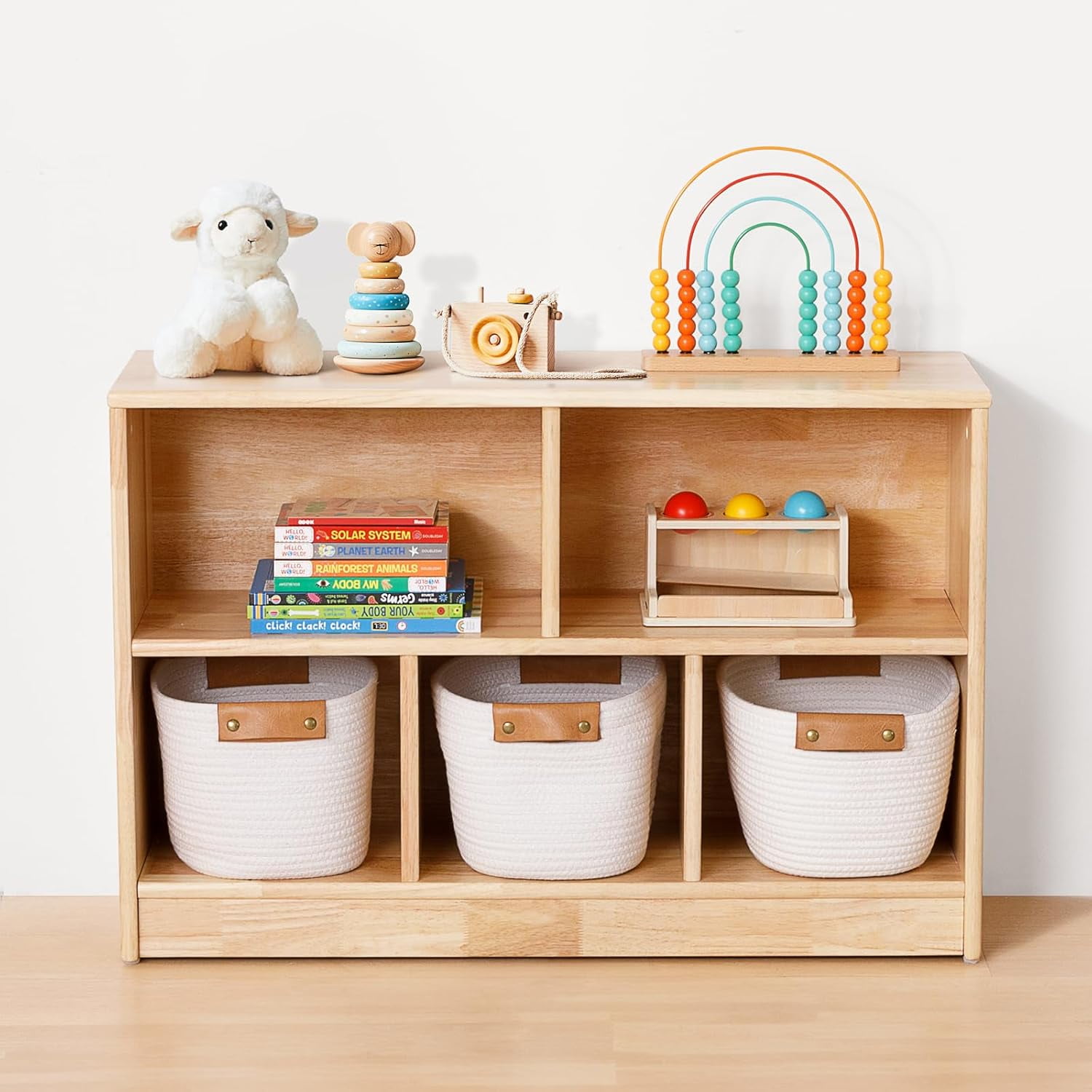 Rubber Wood 5-Compartment Montessori Shelf, 35.4" L Toddler Bookshelf ...
