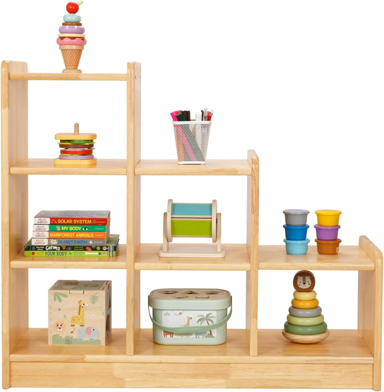 Rubber Wood 6 Cube Storage Organizer, Ladder Corner Shelf with Display ...