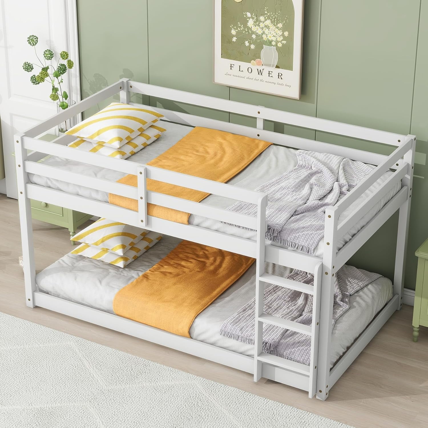 Rubber Wood Bunk Bed for Toddler Kids, Low Bunk Bed with Stairs ...