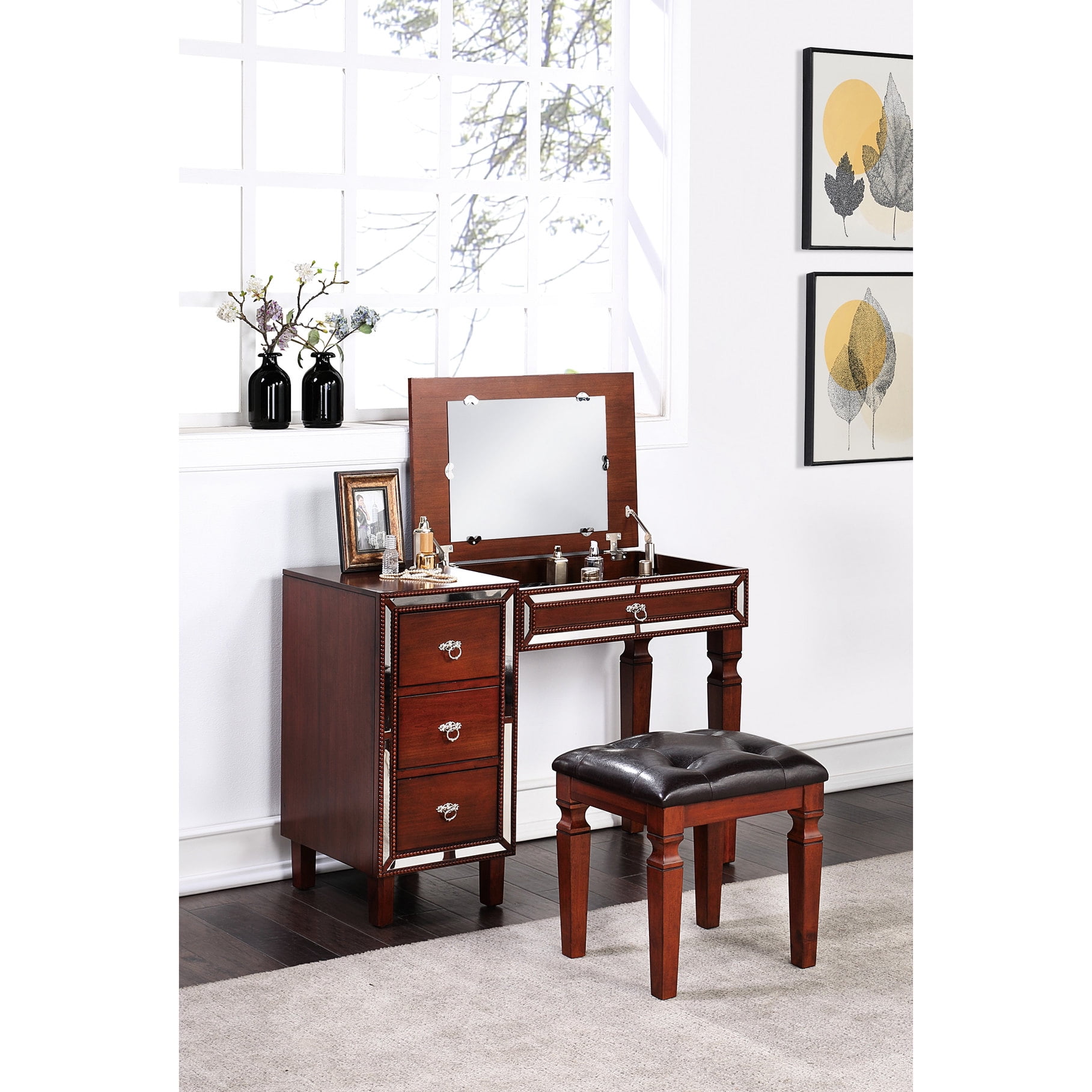 Rubber Wood, Cherry Vanity with Stool - Bedroom Usage, Provide ...