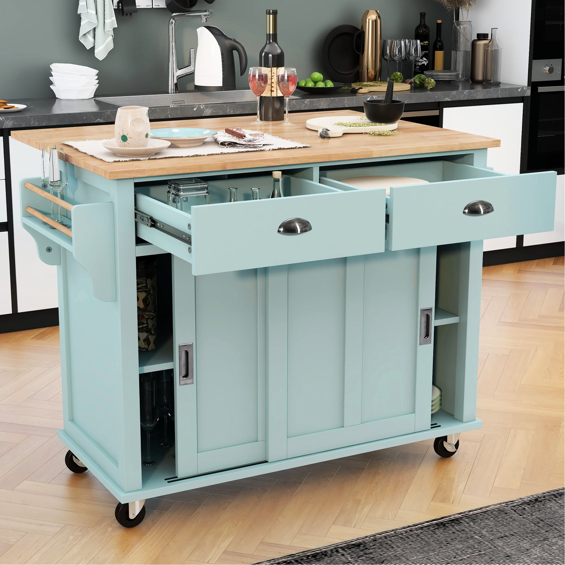 Rubber Wood Drop-leaf Kitchen Island In Mint - 4 Wheels, 2 Locking ...