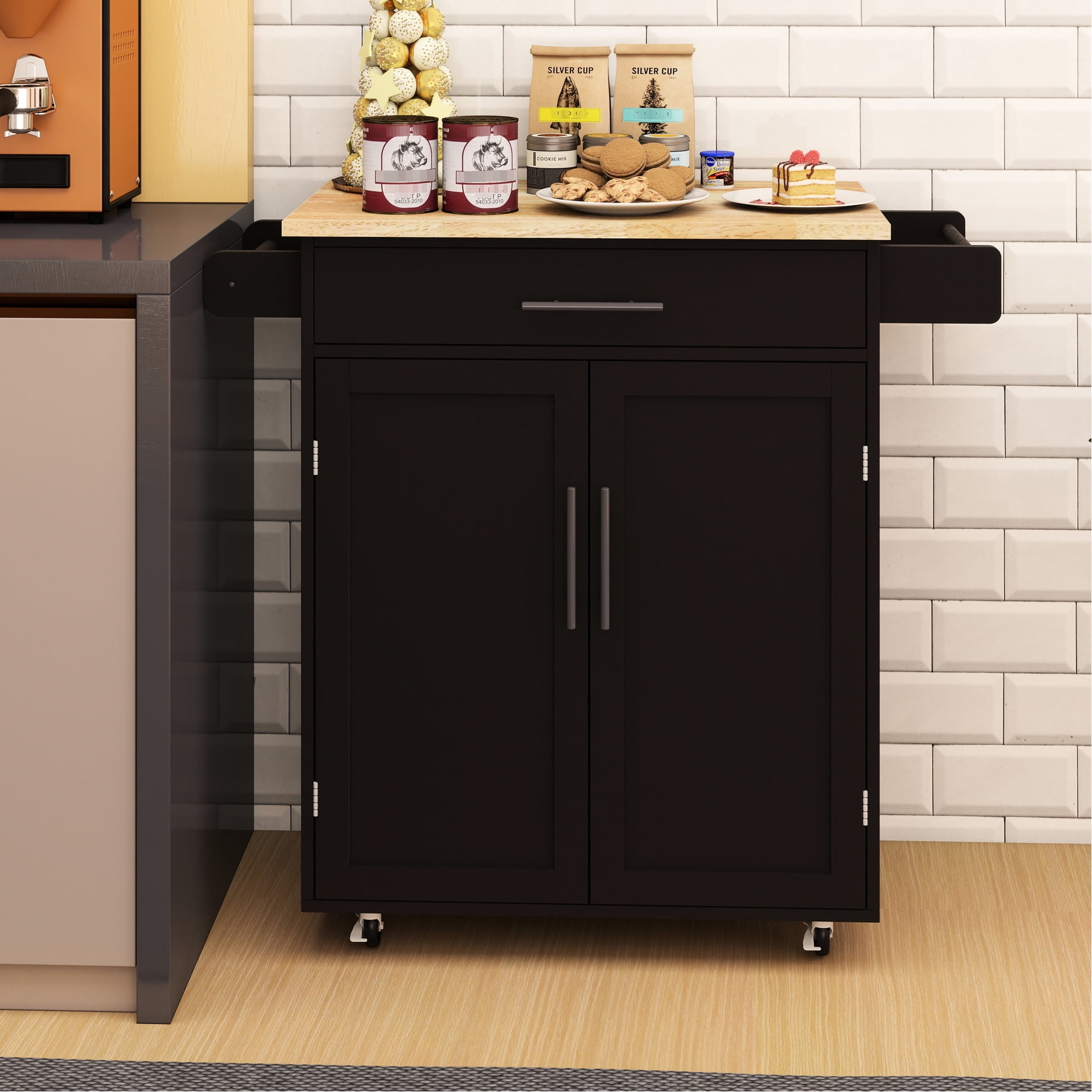 Rubber Wood Surface - Lockable Casters & Hidden Drawers - Kitchen ...