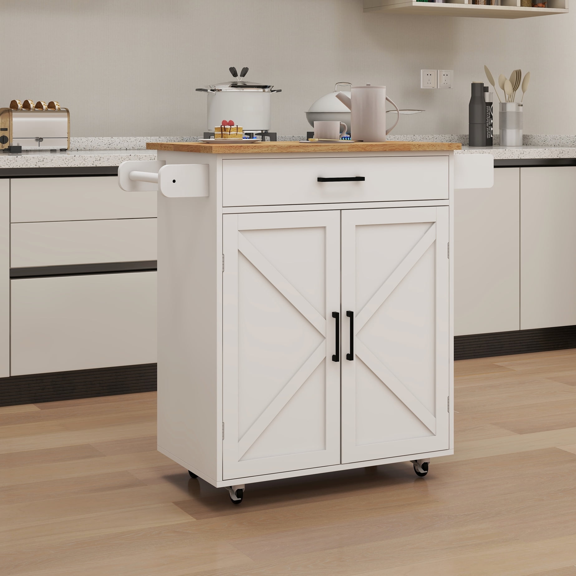 Rubber Wood Top - Lockable Wheels for Positioning - Kitchen Rolling ...