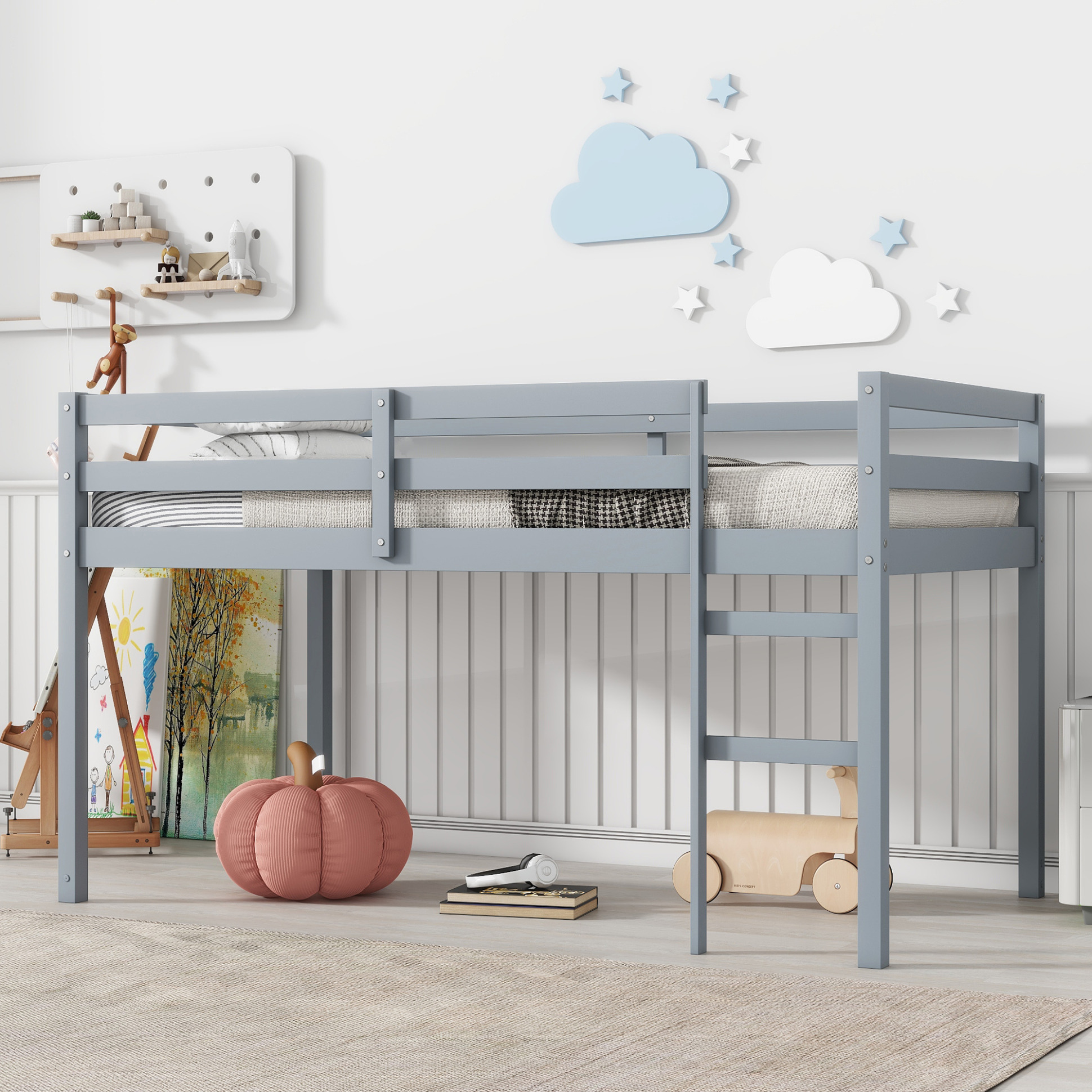 Rubber Wooden Twin Loft Bed with Ladder, Large Play Space Below, Bed ...